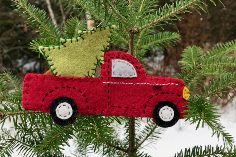 Vintage Red Truck with Christmas Tree | Downeast Thunder Farm